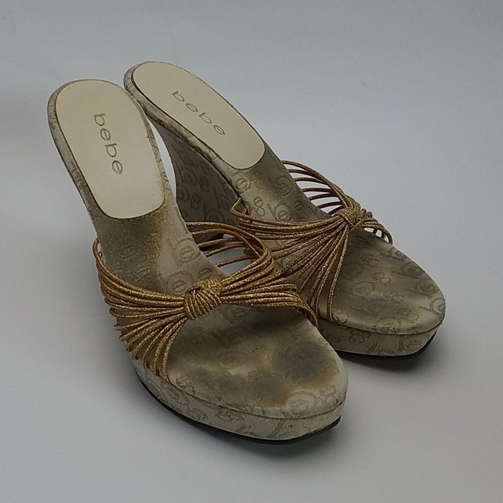 Bebe Gold Strappy Stretch Platform Wedge Sandals - Gem